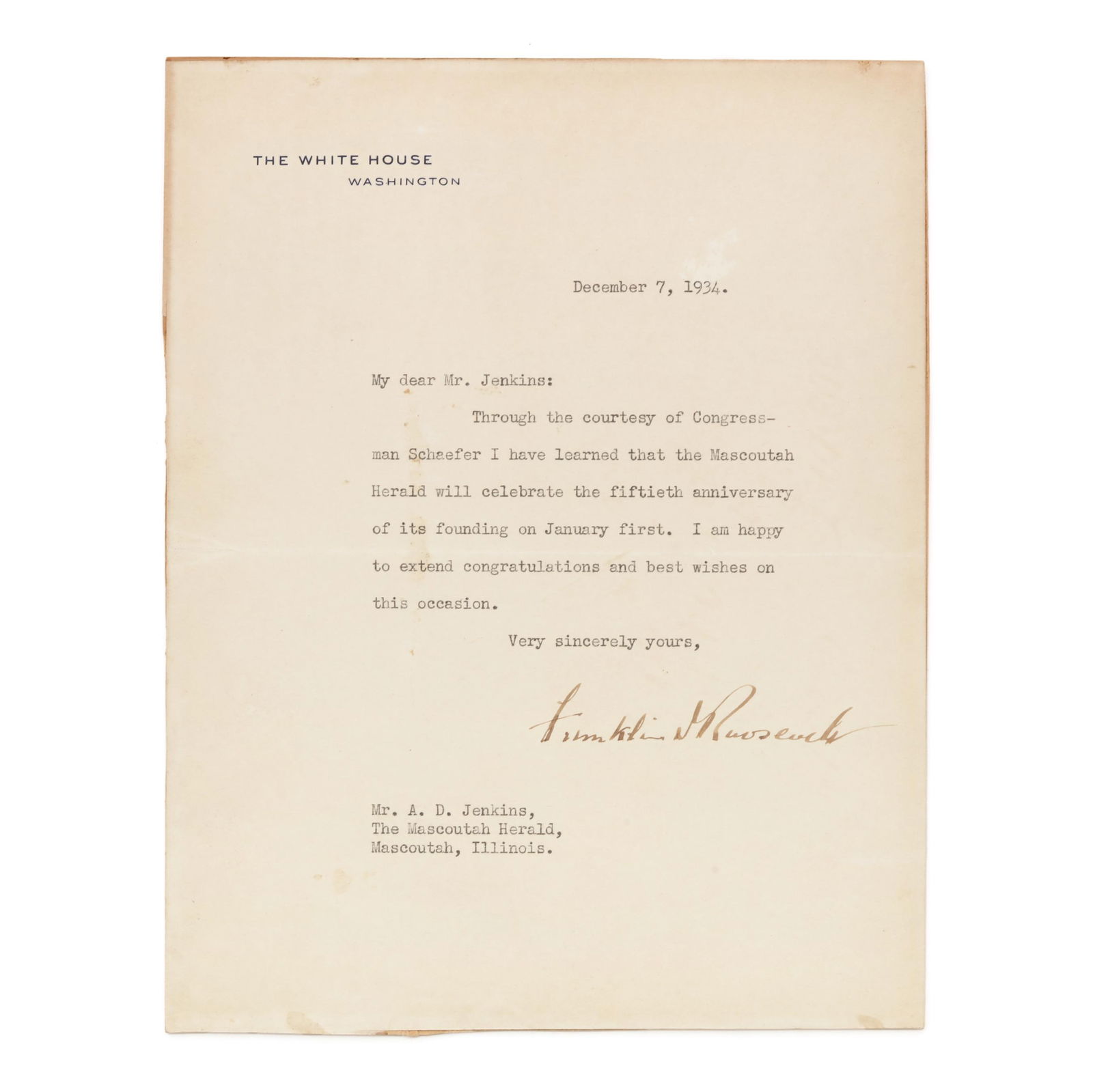Price guide for FRANKLIN D. ROOSEVELT, TYPED LETTER